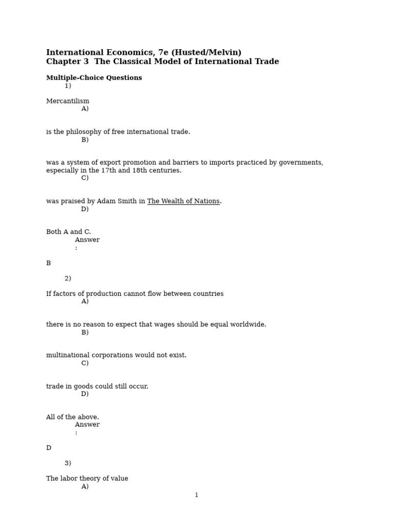 Classical Model of International Trade Quiz | PDF | Comparative ...