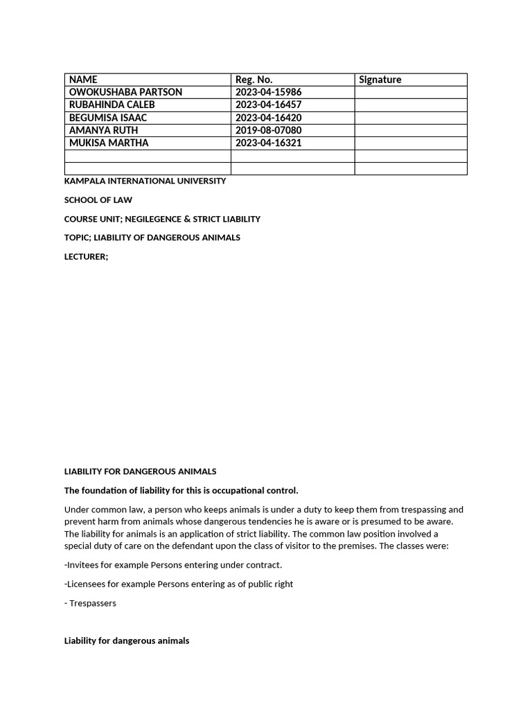 Group Six Liability of Dangerous Animals | PDF | Legal Liability ...