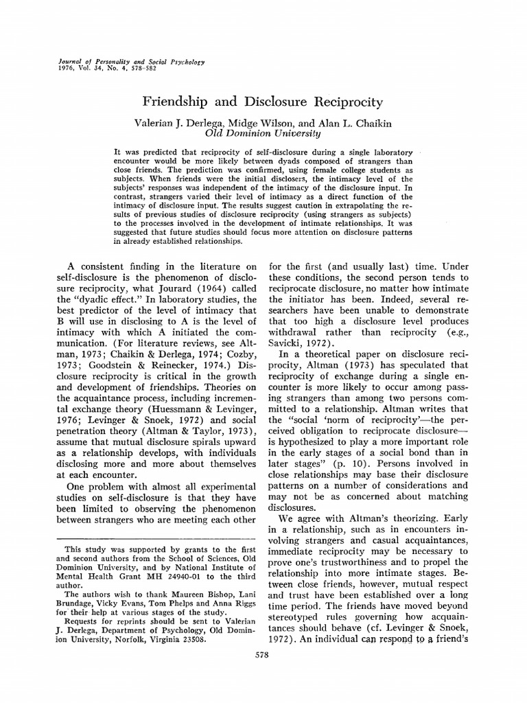 Friendship and Disclosure Reciprocity: Valerian J. Derlega, Midge ...