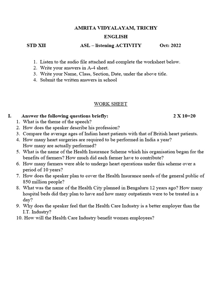 ASL Listening Act STD 12 | PDF