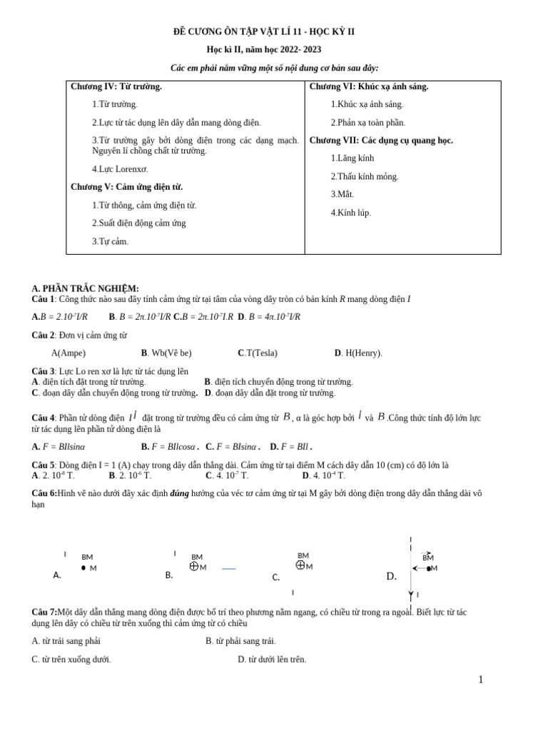 ĐỀ CƯƠNG ÔN TẬP VẬT LÍ 11 HK2 | PDF
