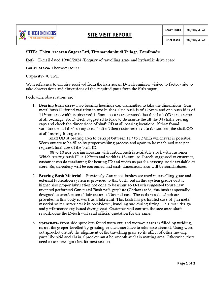 Site Visit Report: Thiru Arooran Sugars | PDF | Bearing (Mechanical ...