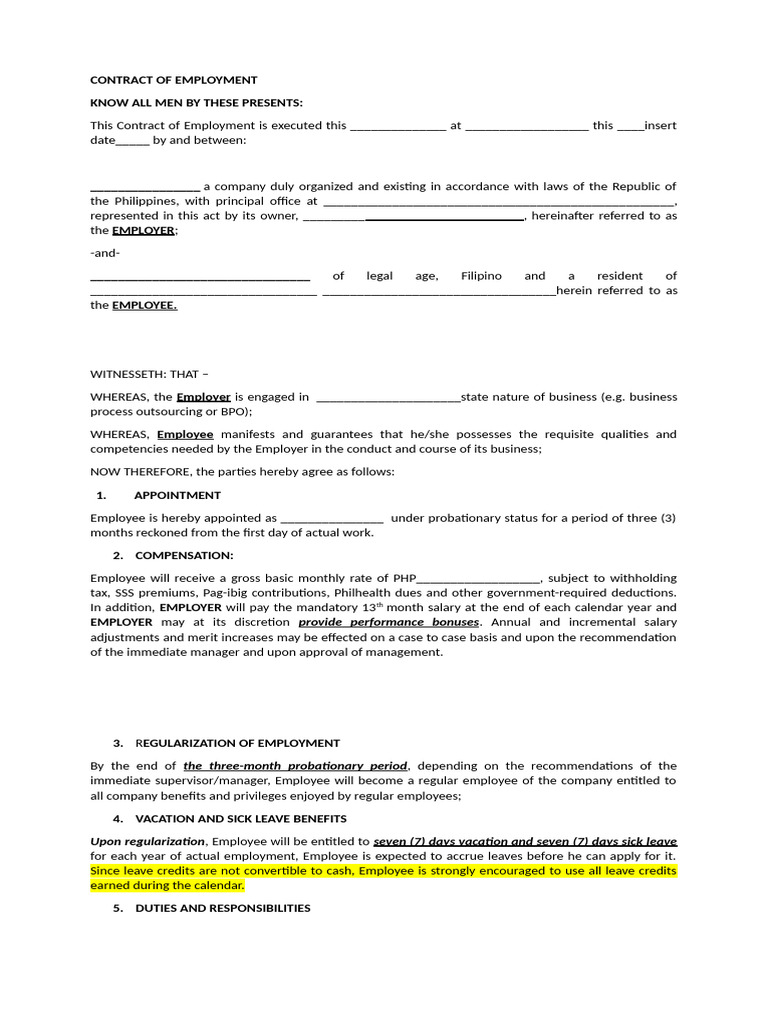 Employment Contract Pdf Employment Overtime