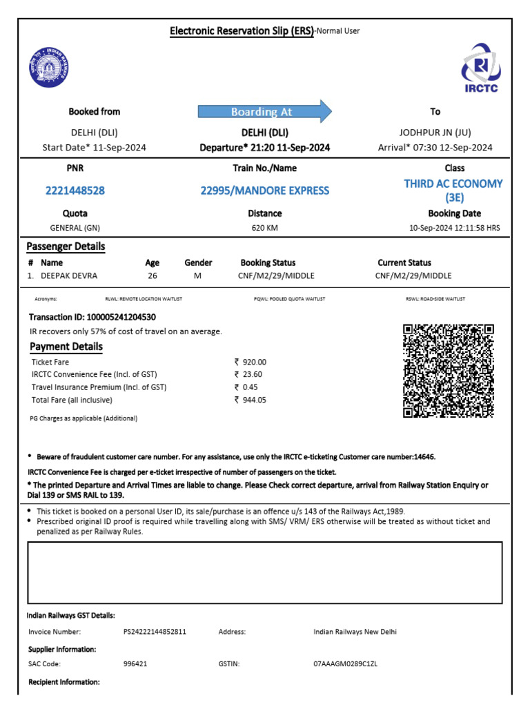 22995/mandore Express Third Ac Economy (3E) | PDF | Identity Document