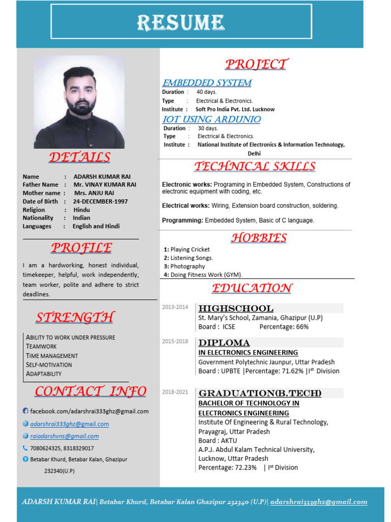 Adarsh Kumar Rai - Electronics Engineer Resume | PDF | Electrical ...