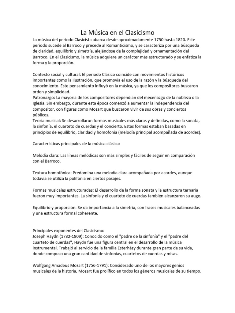 La Música en El Clasicismo | PDF | Periodo Clásico (Música) | Sinfonía