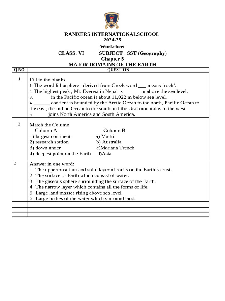 Class 6 SST Worksheet Geography CH 5 | PDF