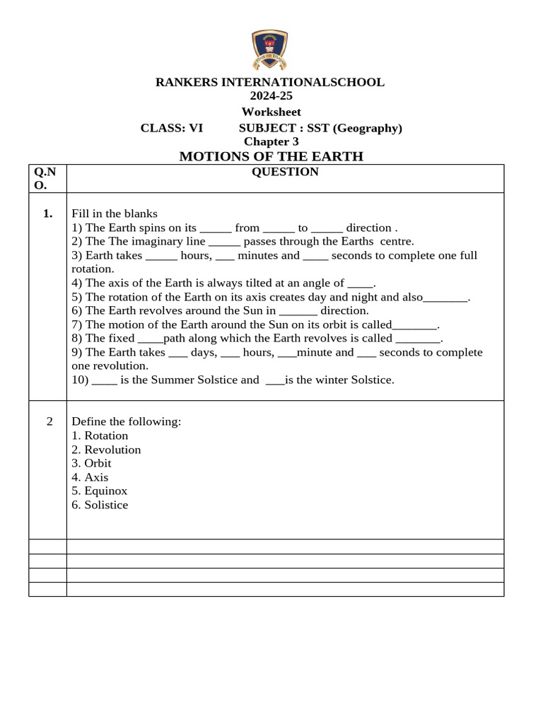 Class 6 SST Worksheet Geography CH 3 | PDF