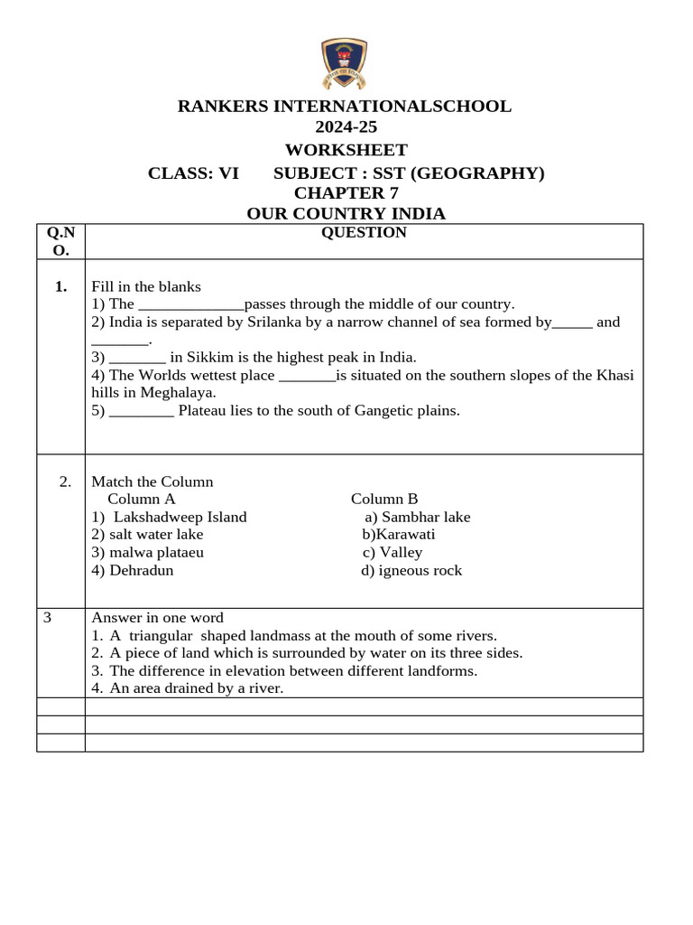 Class 6 SST Worksheet Geography CH 7 | PDF