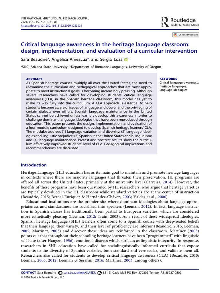 Critical Language Awareness in The Heritage Language Classroom - Design ...