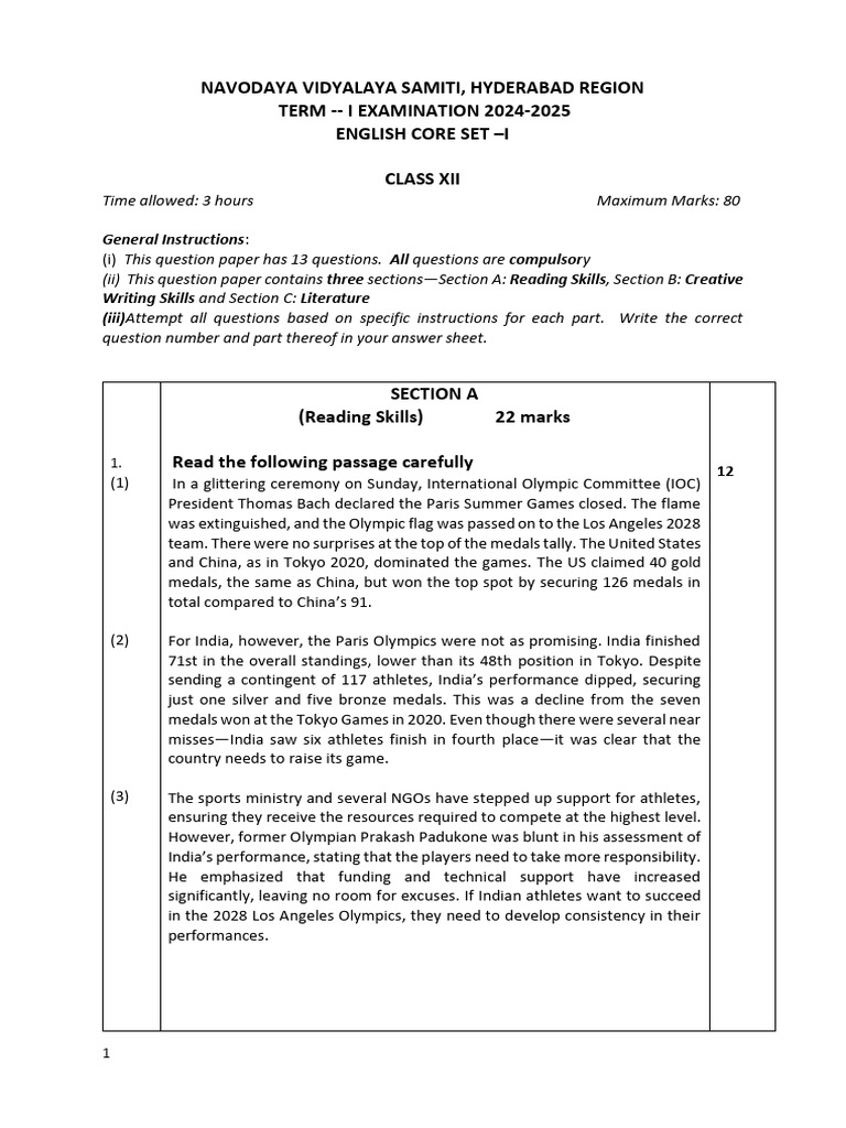 Class XII English Core Exam 2024 | PDF | Movie Theater | Mahatma Gandhi
