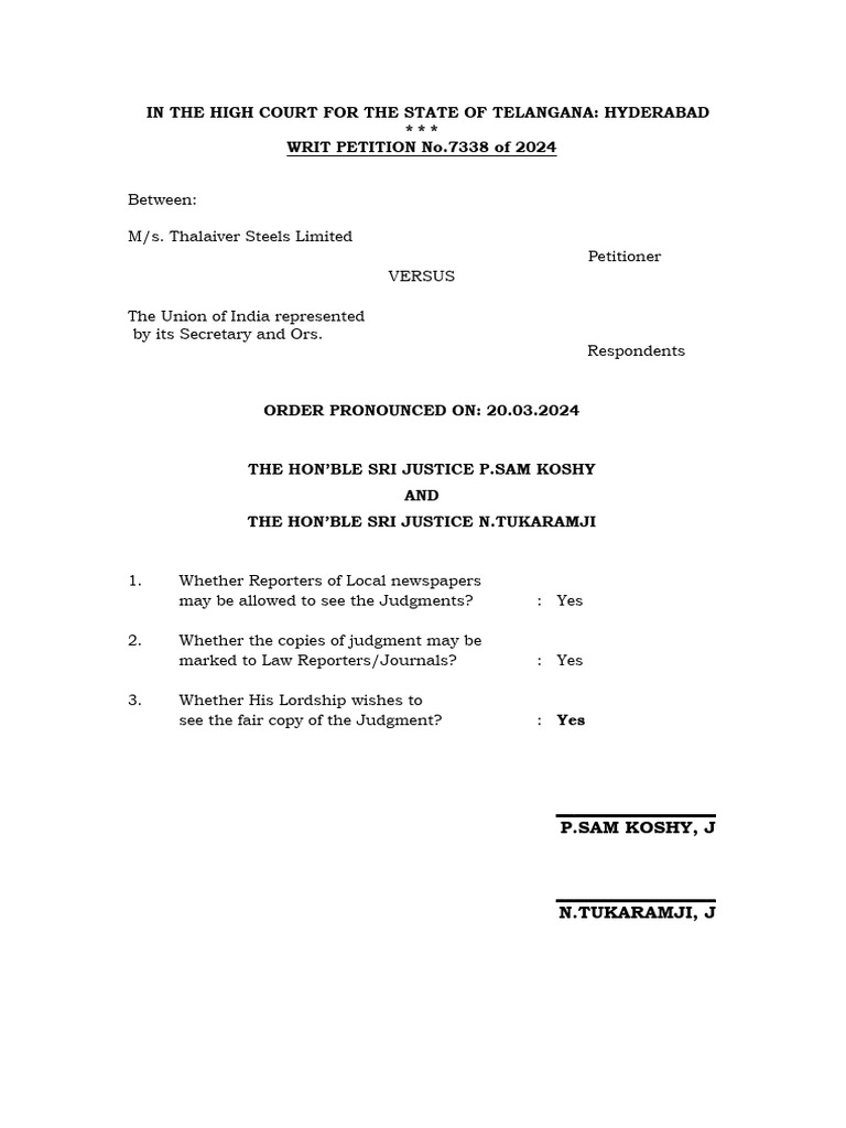 Telangana High Court Writ Petition 7338/2024 | PDF | Bankruptcy | Guarantee