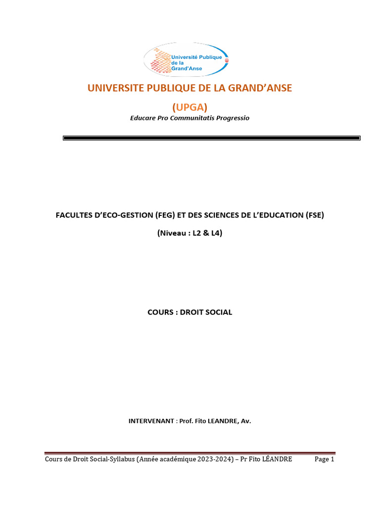 Syllabus de Droit Social 2023-2024 | PDF | Haïti | Droit du travail