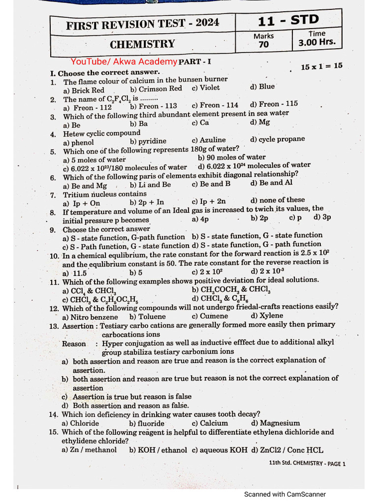 11th Chemistry EM First Revision Exam 2024 Question Paper Tirupattur ...