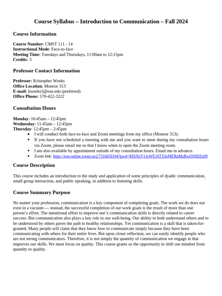 CMST 111 - 14 - Syllabus - Fall 2024 | PDF | Academic Dishonesty ...