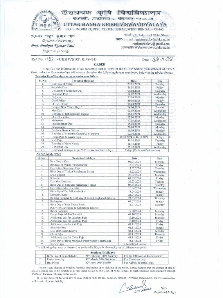UBKV Holiday List 2024 | PDF