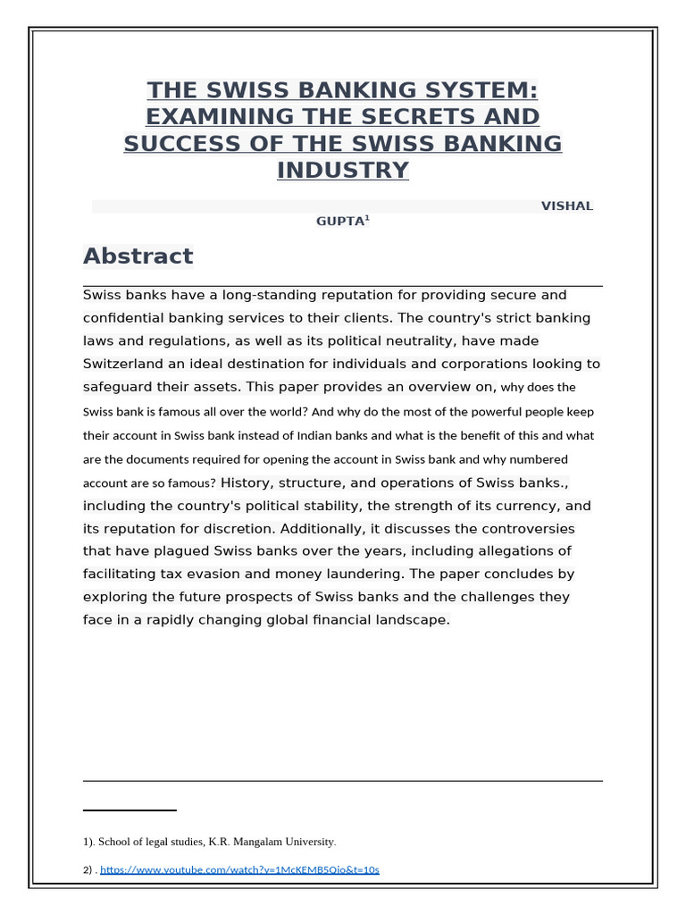 The Swiss Banking System, Vishal Gupta | PDF | Black Market | Banks