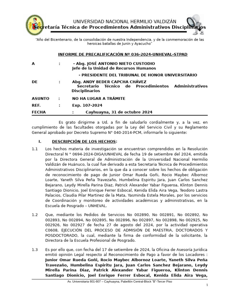 Informe de Precalificación N 36-Caso 107-2024 | PDF | Regulación | Justicia