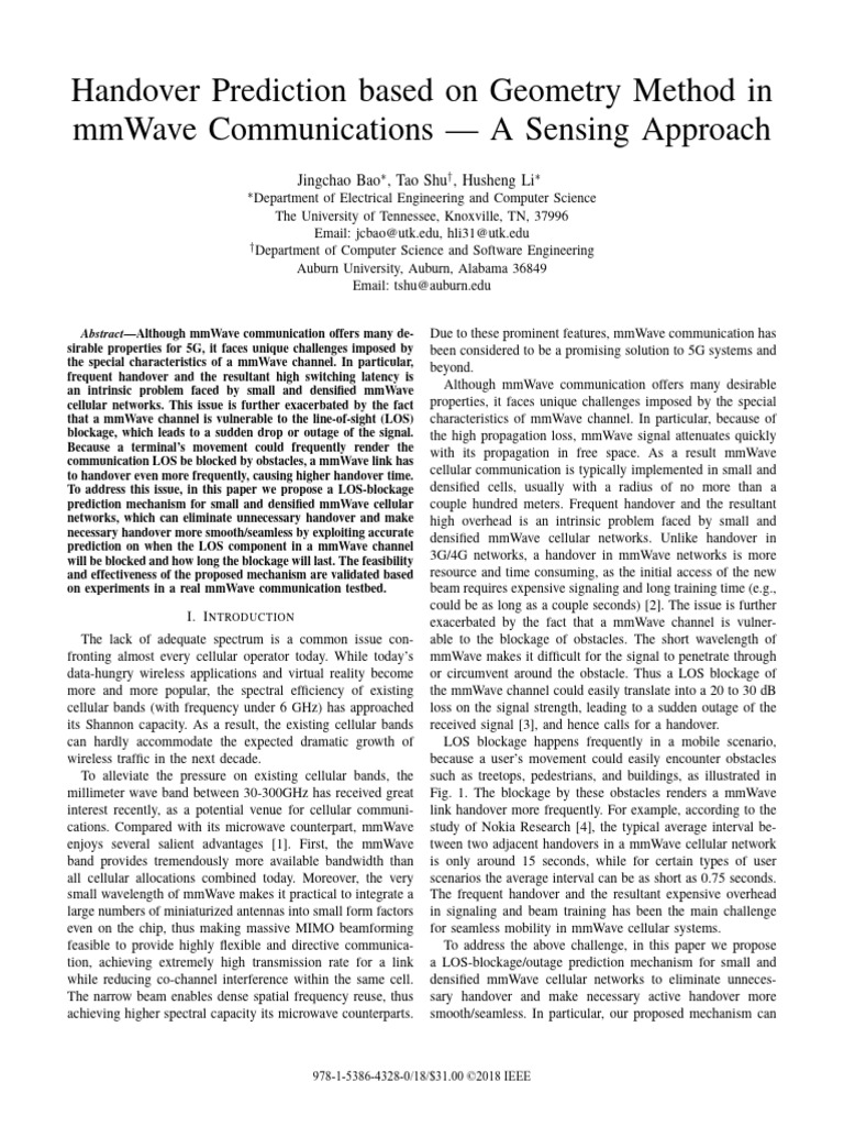 Handover Prediction Based On Geometry Method in MmWave Communications - A Sensing Approach | PDF ...