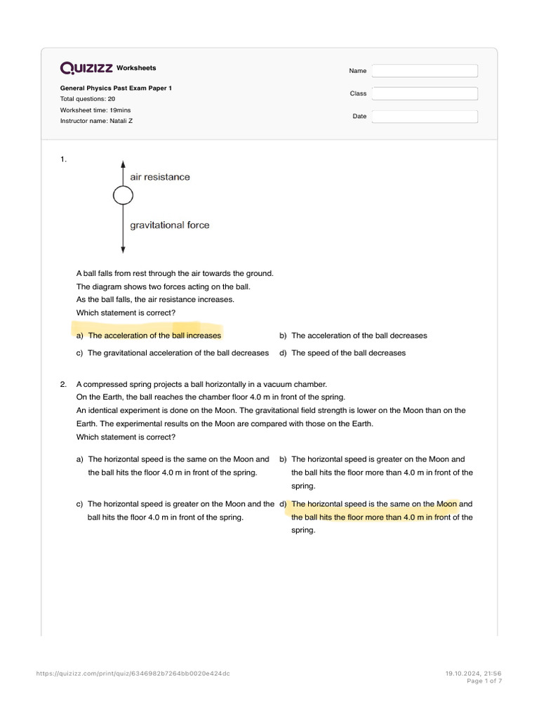 General Physics Past Exam Paper 1 Quizizz | PDF | Force | Mass