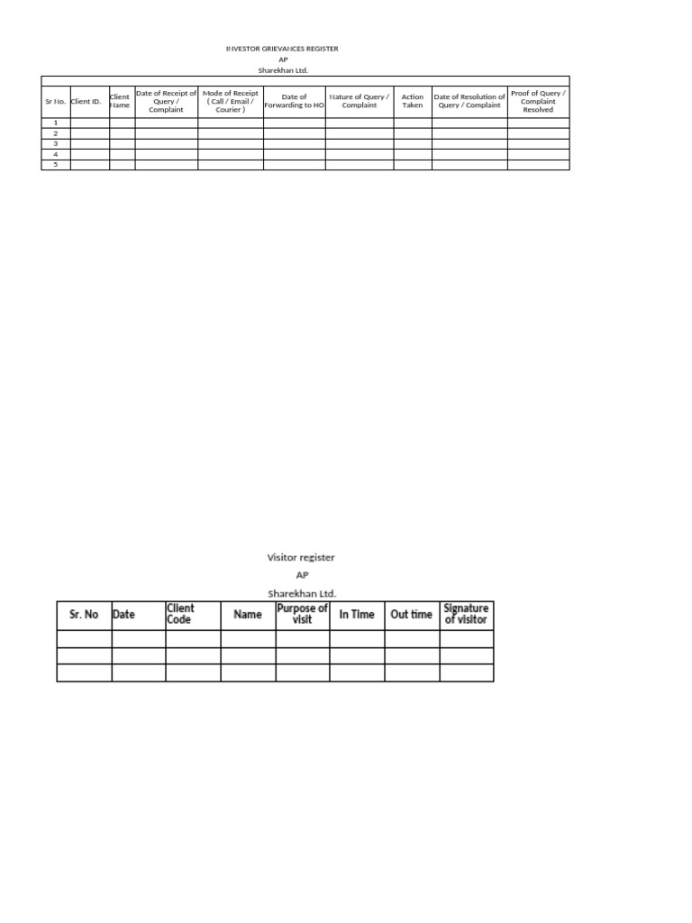 Investor Grievance Register and Visitor Register | PDF | Law
