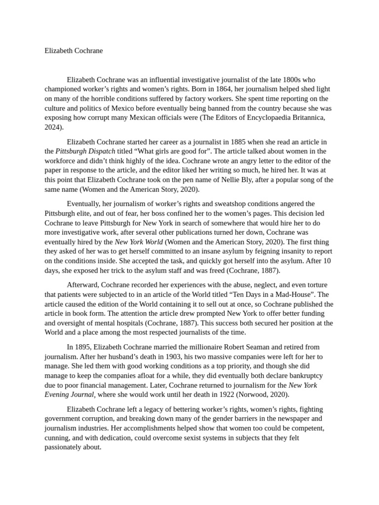 Elizabeth Cochrane | PDF | History