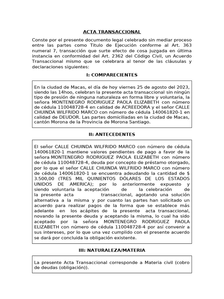 ACTA TRANSACCIONAL MONTENEGRO RODRIGUEZ Contra CALLE CHUNDIA | PDF | Pagos
