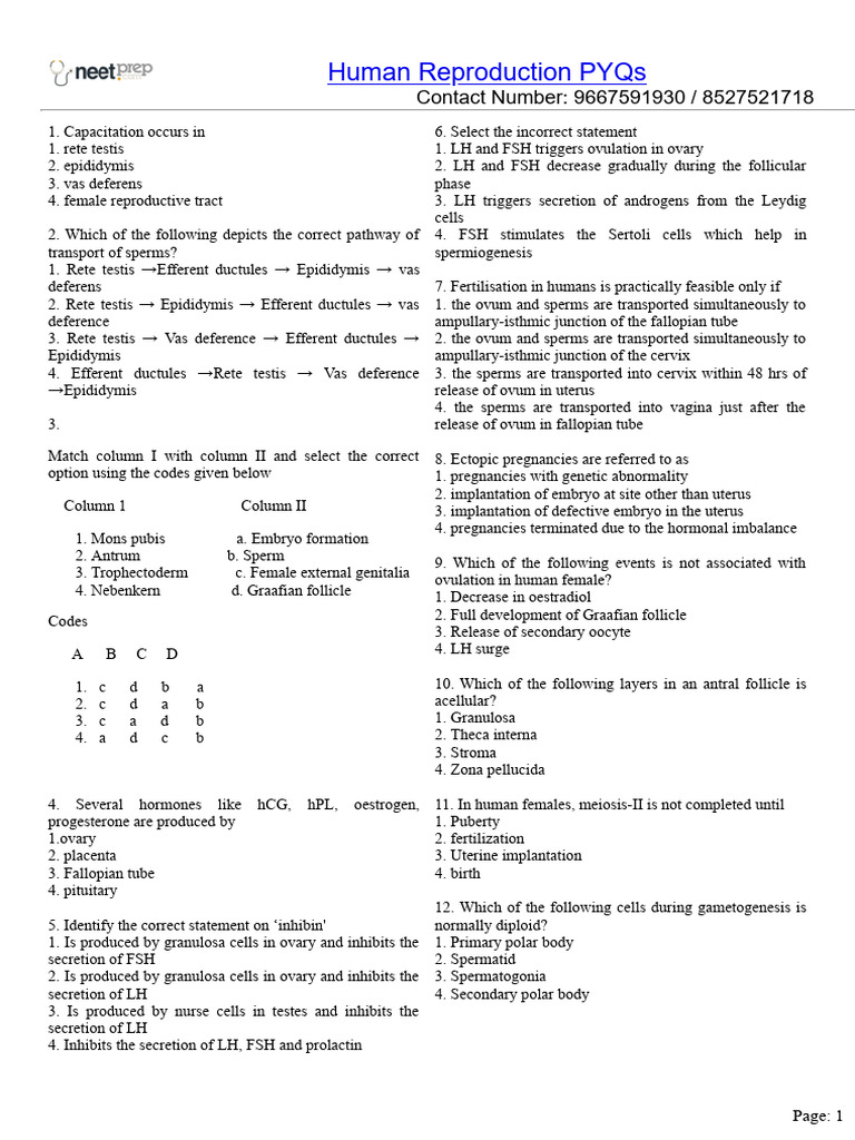 Human Reproduction PYQs | PDF | Menstrual Cycle | Luteinizing Hormone