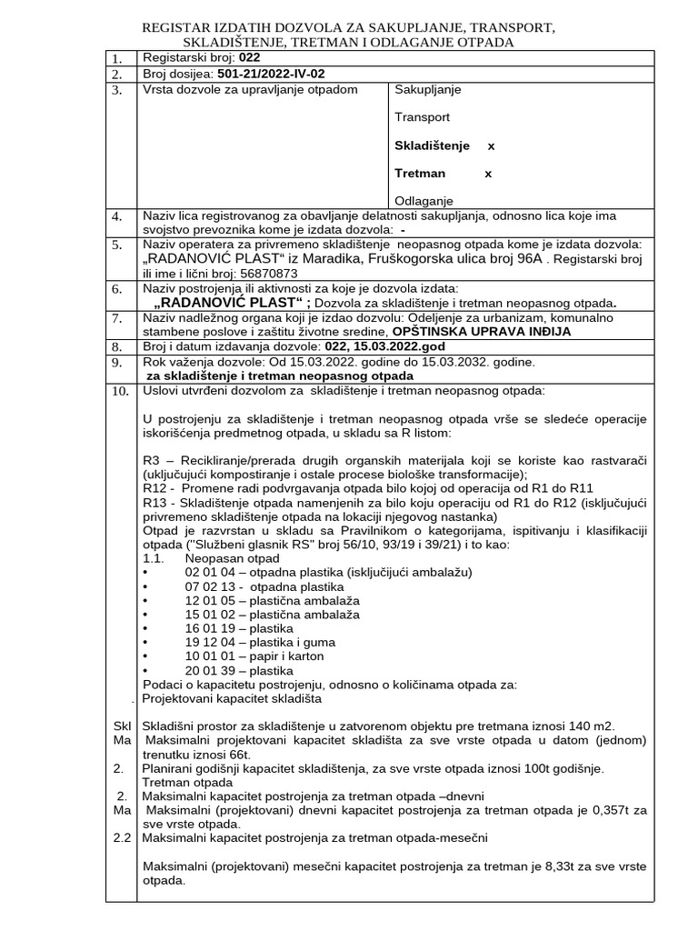 022 Registar - Radanović Plast | PDF