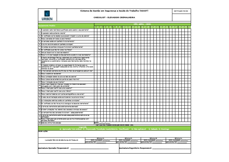 Checklist de Segurança para Elevador Cremalheira | PDF | Tecnologia e ...