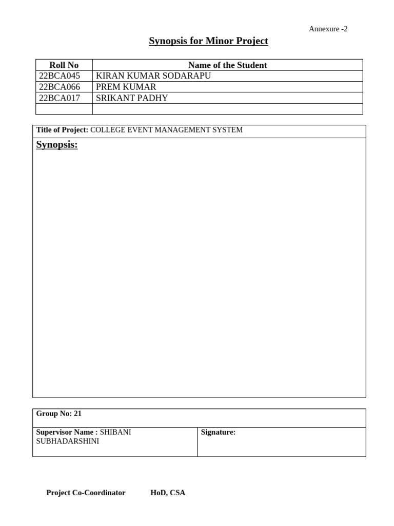 Synopsis Format Minor Project Group 21 | PDF