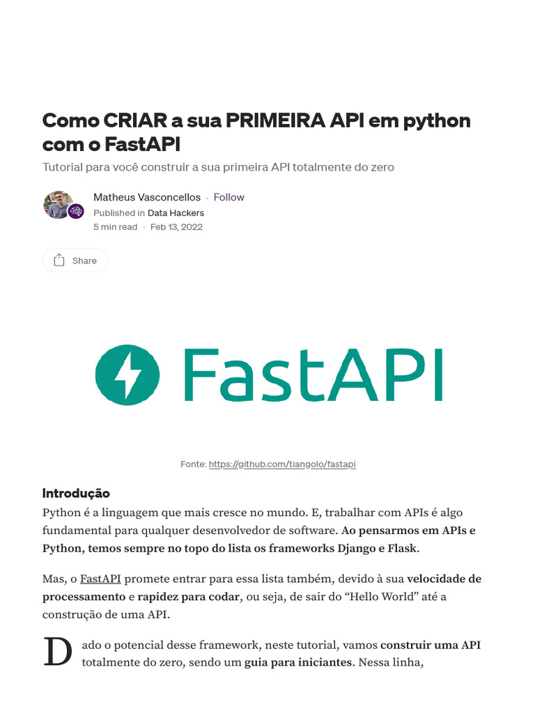 Como Criar A Sua Primeira Api Em Python Com O Fastapi Pdf Python Linguagem De Programação