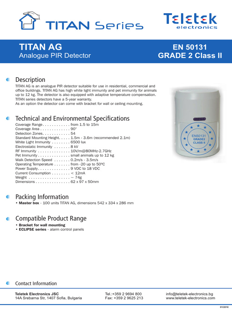 Fisa Tehnica Detector de Miscare Analog Dual PIR Teletek TITAN AG | PDF ...