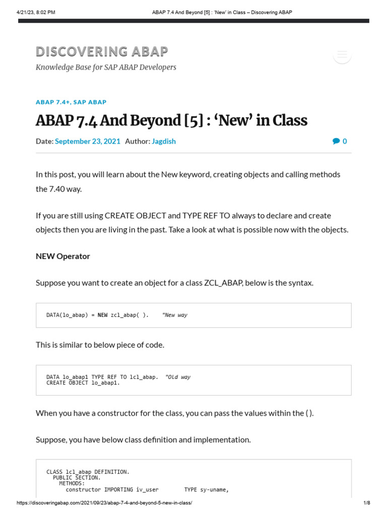 ABAP 7.4 and Beyond (5) - New' in Class - Discovering ABAP | PDF | Constructor (Object Oriented ...