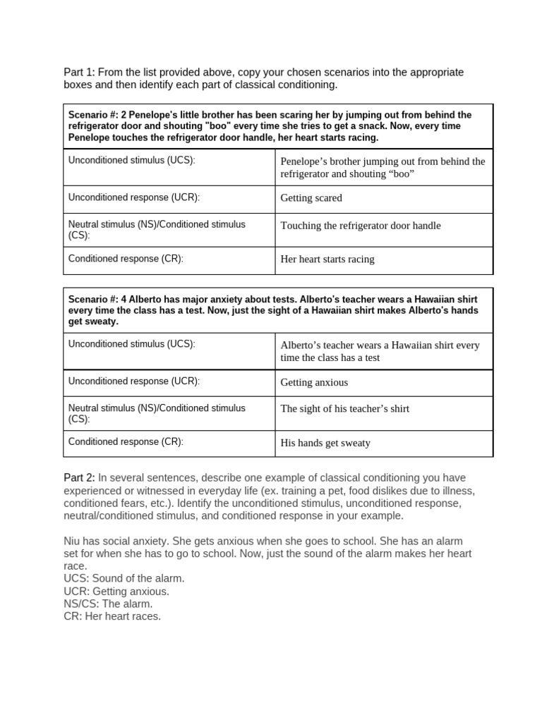 Classical Conditioning Scenarios Explained | PDF | Language Arts ...