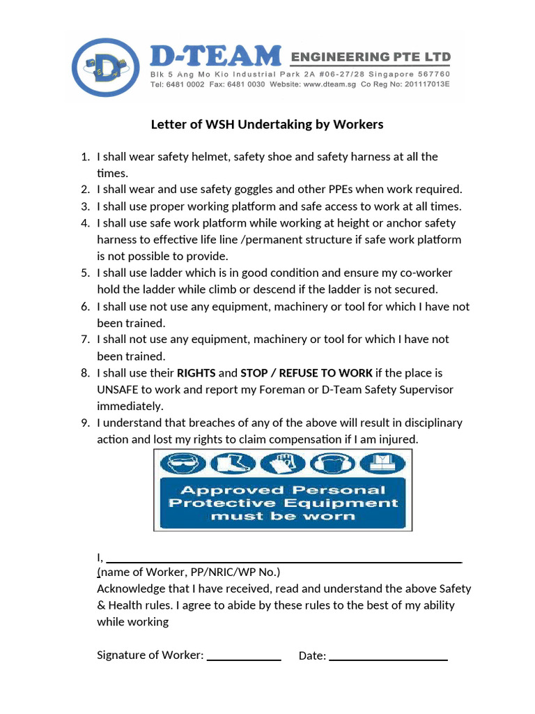Letter of WSH Undertaking by Workers | PDF