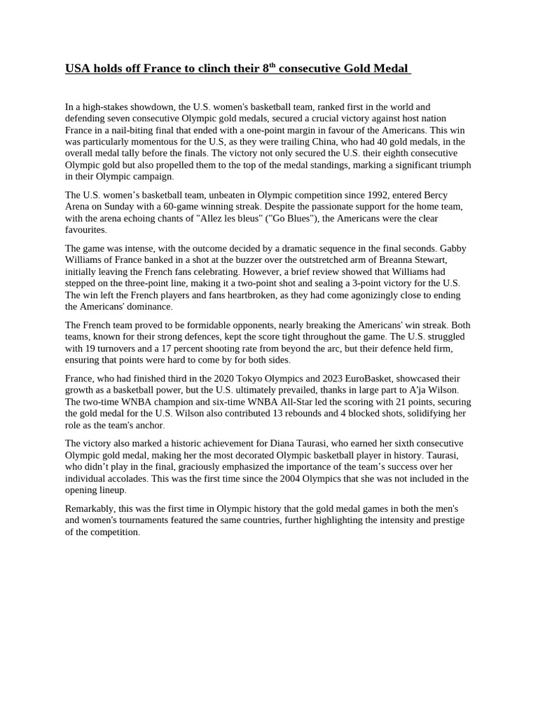 Match Report USA Vs France Womens Basketball Final | PDF | Sports