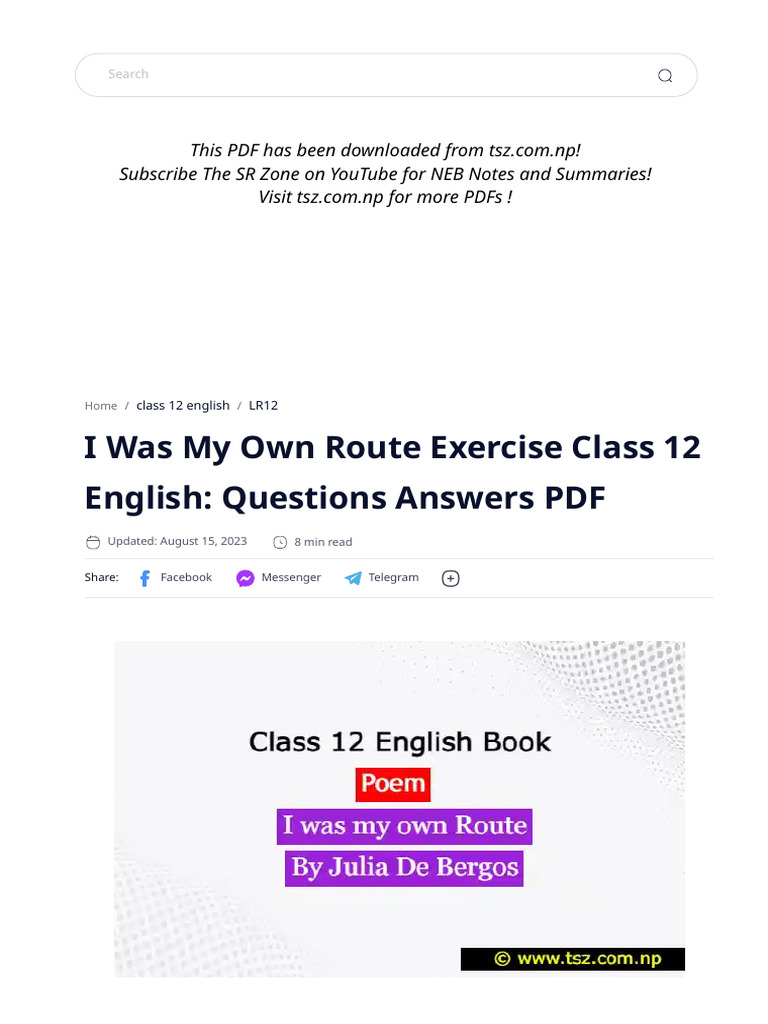 I Was My Own Route Exercise Class 12 English - Questions Answers PDF ...