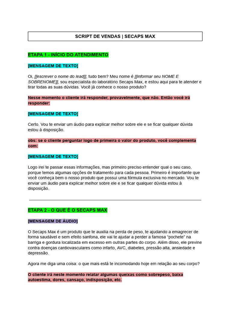 SECAPS MAX - Script de Vendas | PDF | Autoestima
