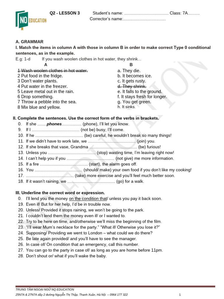 A. Grammar I. Match The Items in Column A With Those in Column B in ...