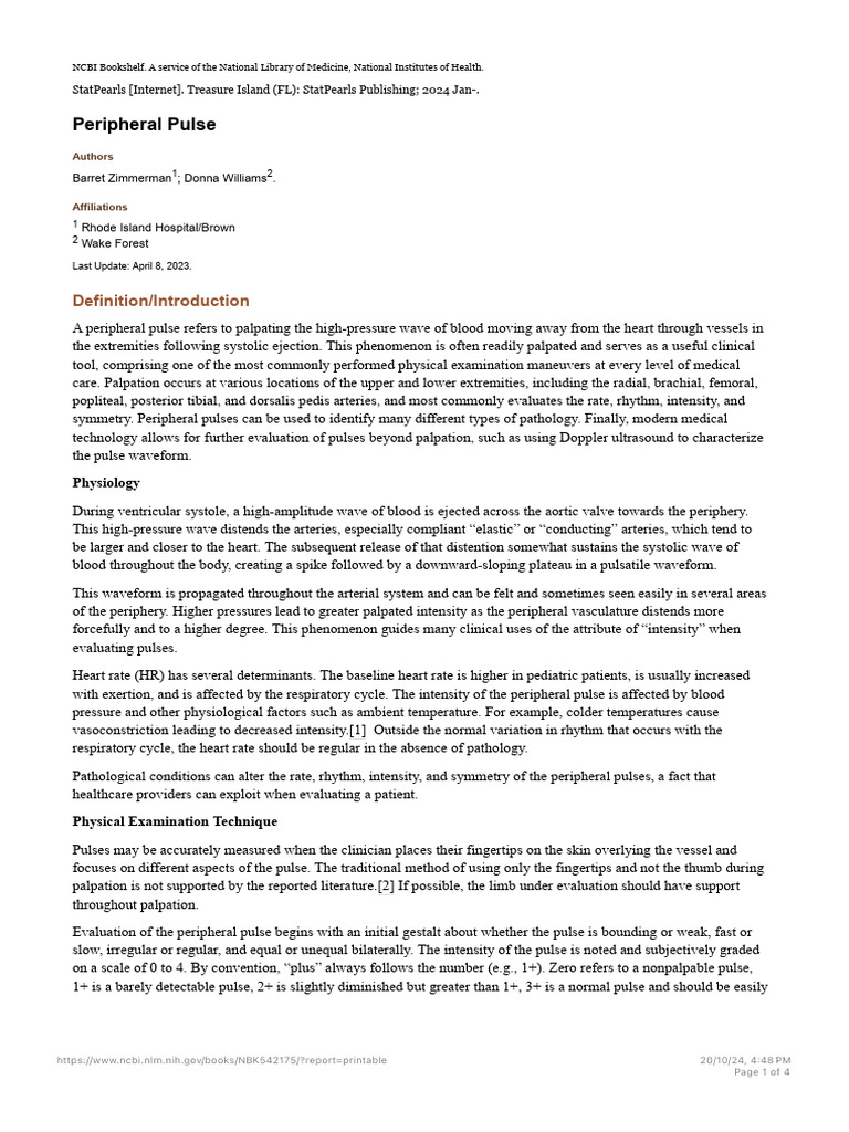 Peripheral Pulse - StatPearls - NCBI Bookshelf | PDF | Pulse ...