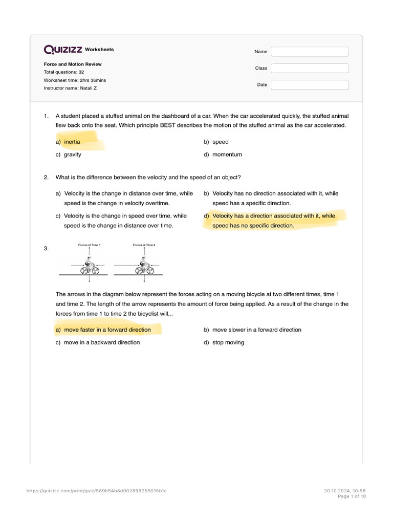 Force and Motion Review Quizizz | PDF | Force | Acceleration