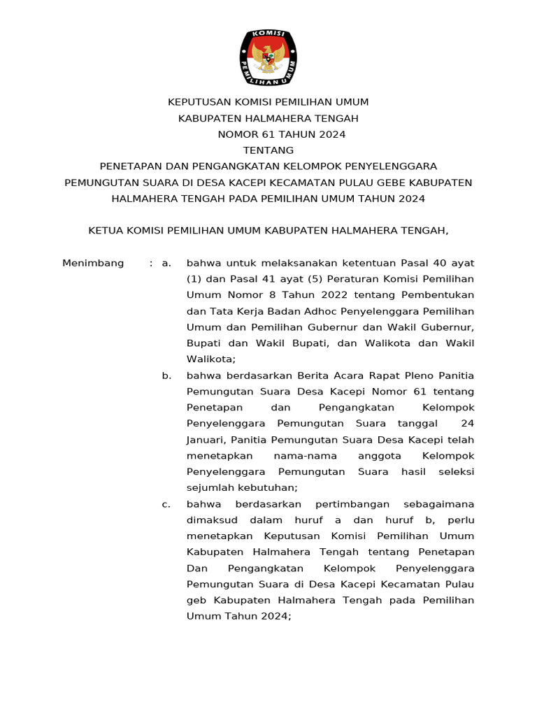 Format Keputusan Pengangkatan Kpps (1) Animukmainah | PDF