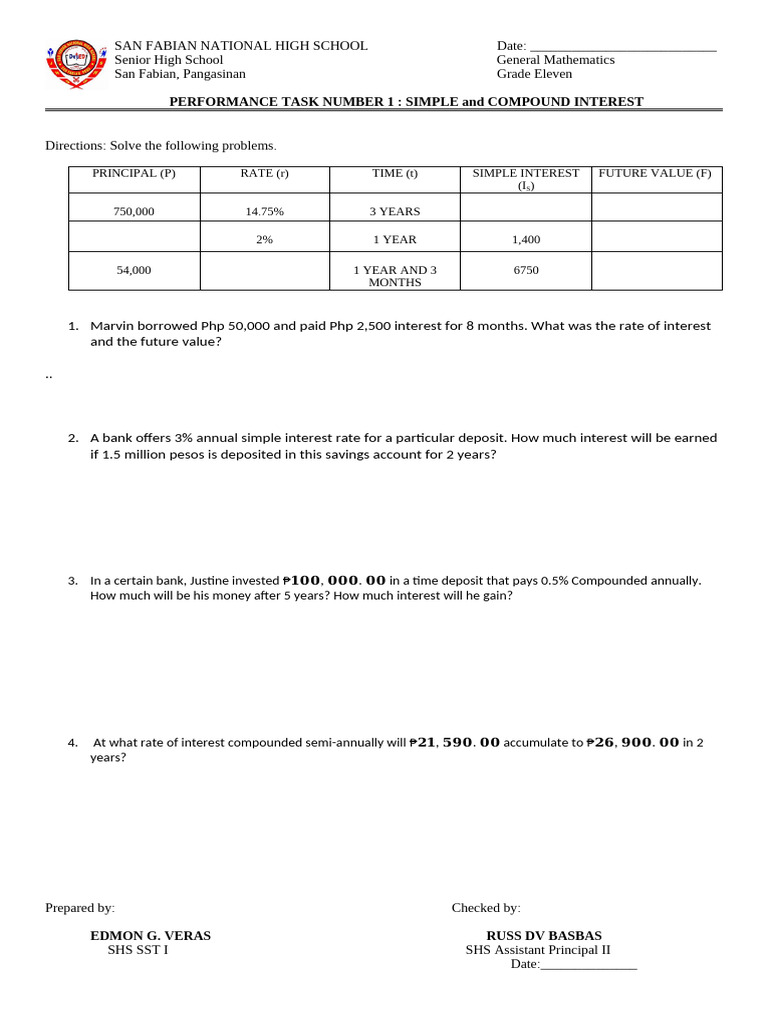 Performance Task 1 - Q2 SIMPLE INTEREST | PDF