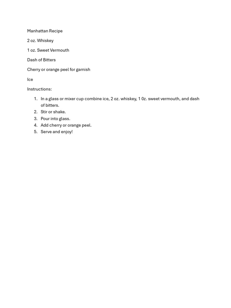 Printable Manhattan Recipe | PDF | Cooking, Food & Wine