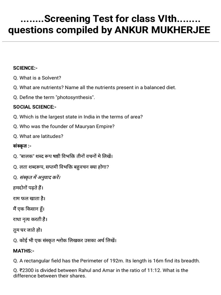 Screening Test For Class VIth | PDF