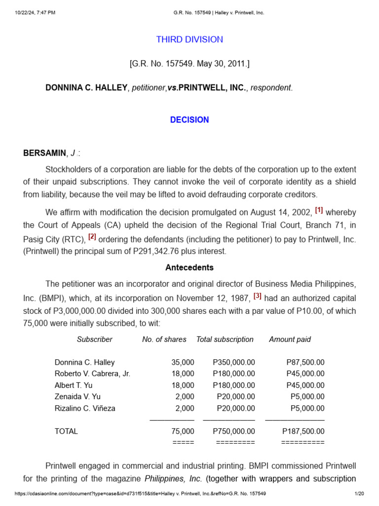 G.R. No. 157549 - Halley v. Printwell, Inc | PDF | Lawsuit | Insolvency