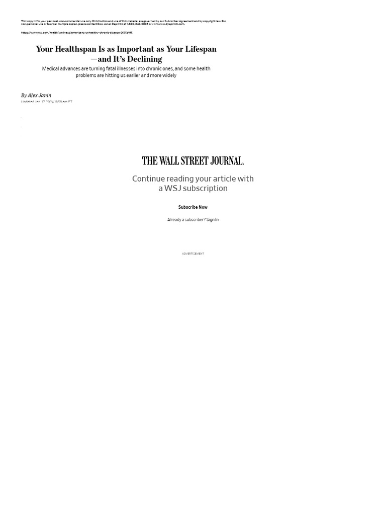Americans Are Sick For More of Their Lives - WSJ | PDF
