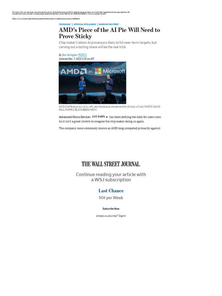 AMD's Piece of The AI Pie Will Need To Prove Sticky - WSJ | PDF | Intel | Computer Science