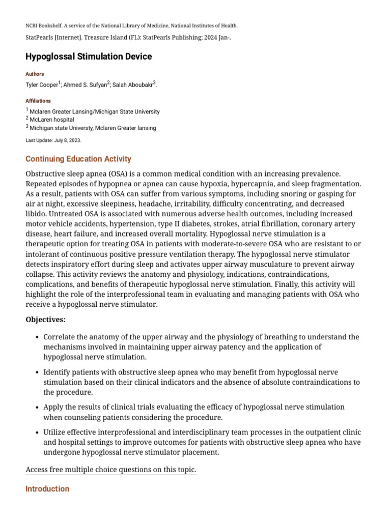 Hypoglossal Stimulation Device - StatPearls - NCBI Bookshelf | PDF | Sleep Apnea | Physiology